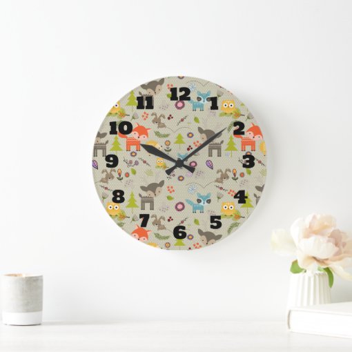 Cute Woodland Animals and Flowers Pattern Large Clock | Zazzle