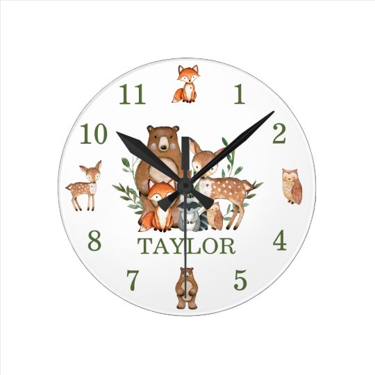 Cute Woodland Animals Bear Deer Fox Owl Numeral Round Clock | Zazzle.com