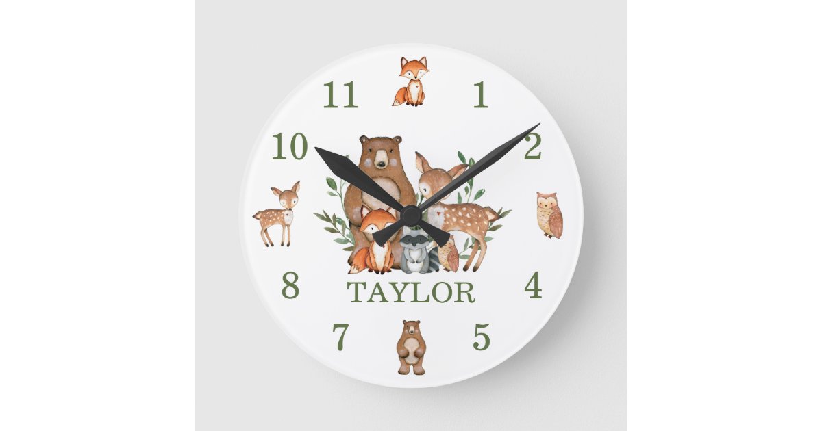 Cute Woodland Animals Bear Deer Fox Owl Numeral Round Clock | Zazzle
