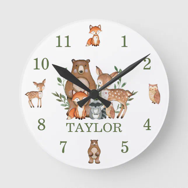 Cute Woodland Animals Bear Deer Fox Owl Numeral Round Clock | Zazzle