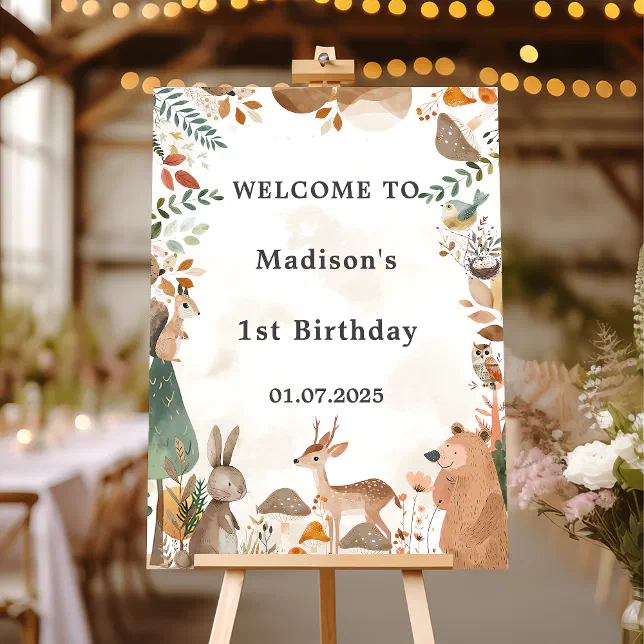 Cute Woodland Animals Birthday Party Welcome Sign | Zazzle