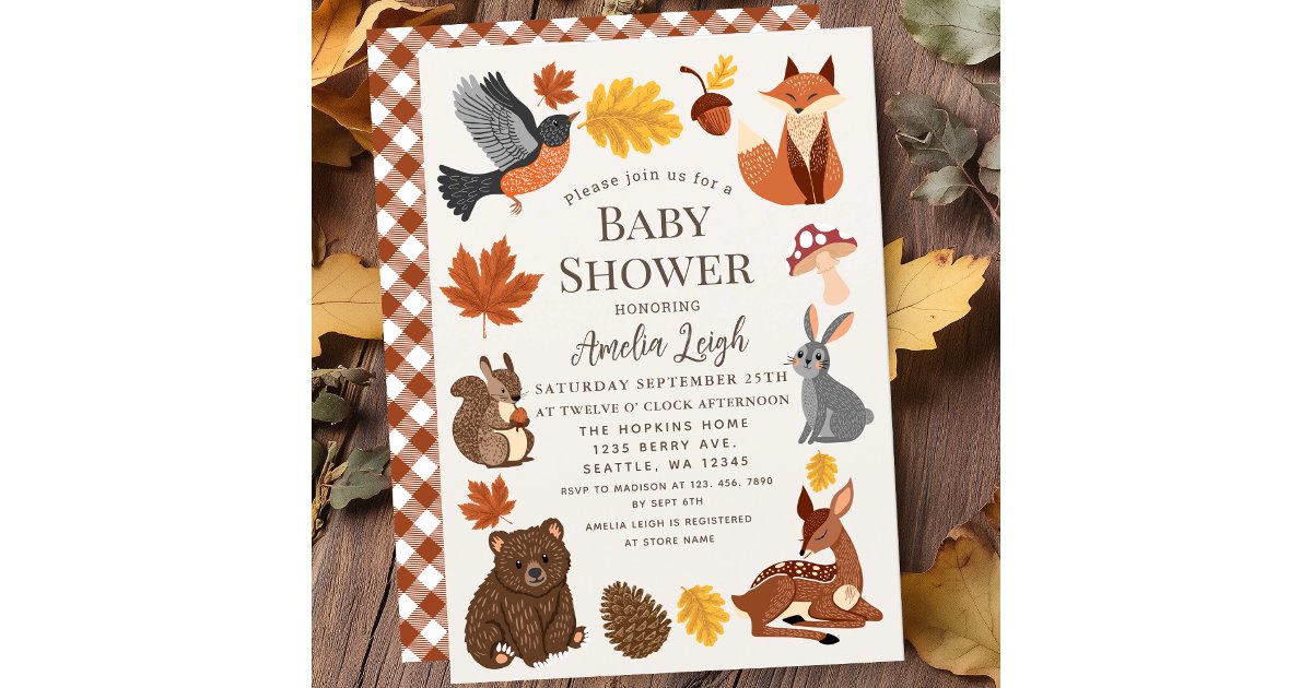 Cute Woodland Animals Fall Autumn Baby Shower Invitation | Zazzle