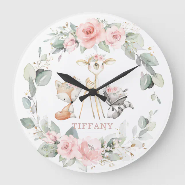 Cute Woodland Animals Floral Greenery Girl Nursery Large Clock | Zazzle