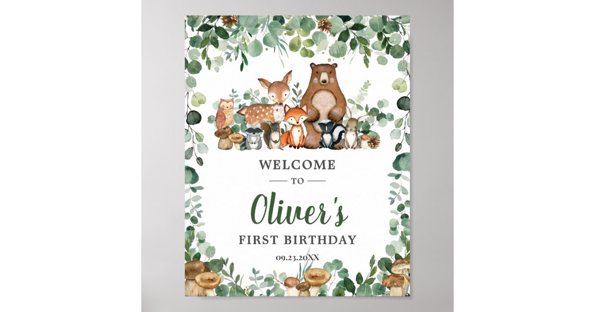 Cute Woodland Animals Greenery Birthday Welcome Poster | Zazzle