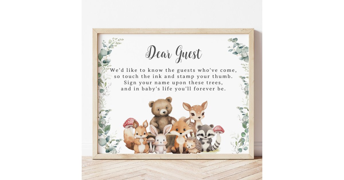 Cute Woodland Animals Greenery Thumbprint Sign | Zazzle