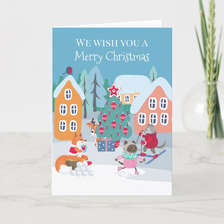 Cute Woodland Animals in Snow Merry Christmas Holiday Card | Zazzle