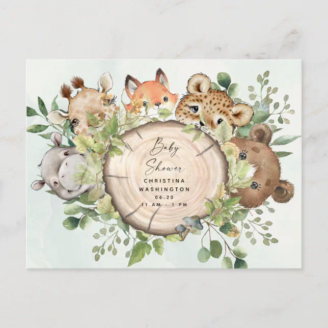 Cute Woodland Baby Animals Baby Shower Invitation Postcard | Zazzle