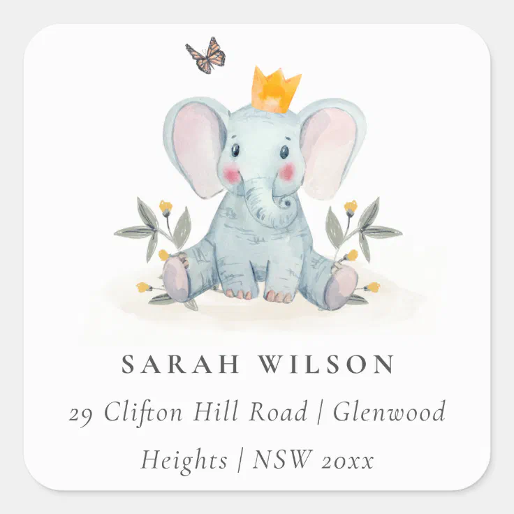Cute Woodland Baby Elephant Foliage Address Square Sticker | Zazzle