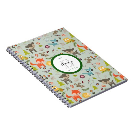 Cute Woodland Creatures Animal Pattern & Monogram Notebook | Zazzle