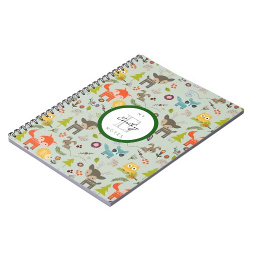 Cute Woodland Creatures Animal Pattern & Monogram Notebook | Zazzle