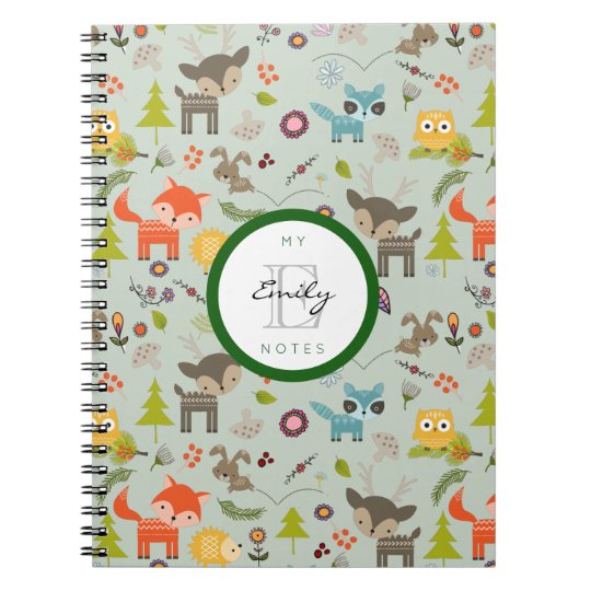 Cute Woodland Creatures Animal Pattern & Monogram Notebook | Zazzle.com