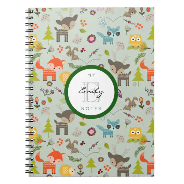 Cute Woodland Creatures Animal Pattern & Monogram Notebook | Zazzle