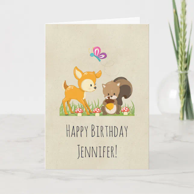 Cute Woodland Creatures Cartoon Birthday Card | Zazzle