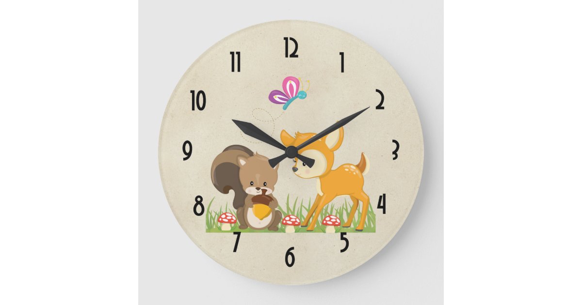 Cute Woodland Creatures Cartoon Illustration Large Clock | Zazzle
