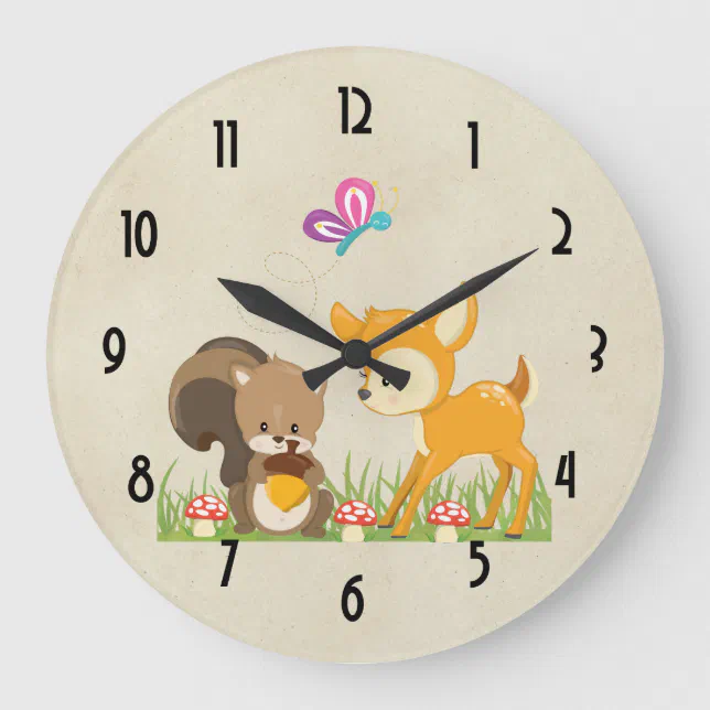 Cute Woodland Creatures Cartoon Illustration Large Clock | Zazzle