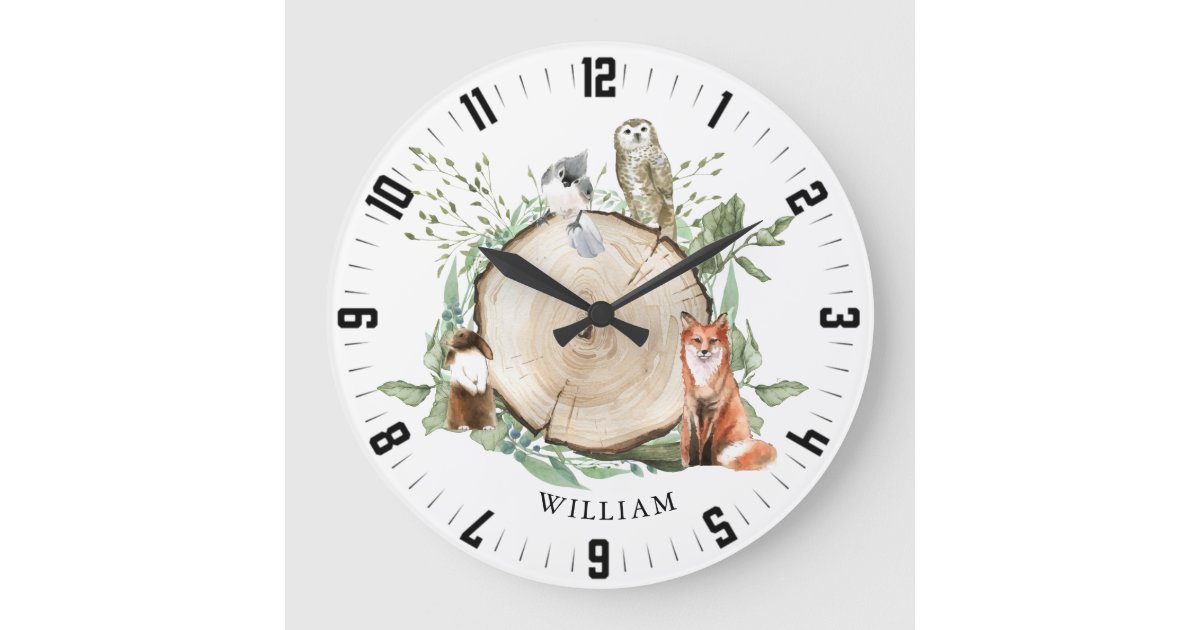 Cute Woodland Forest Animals Personalized Boy Name Large Clock | Zazzle