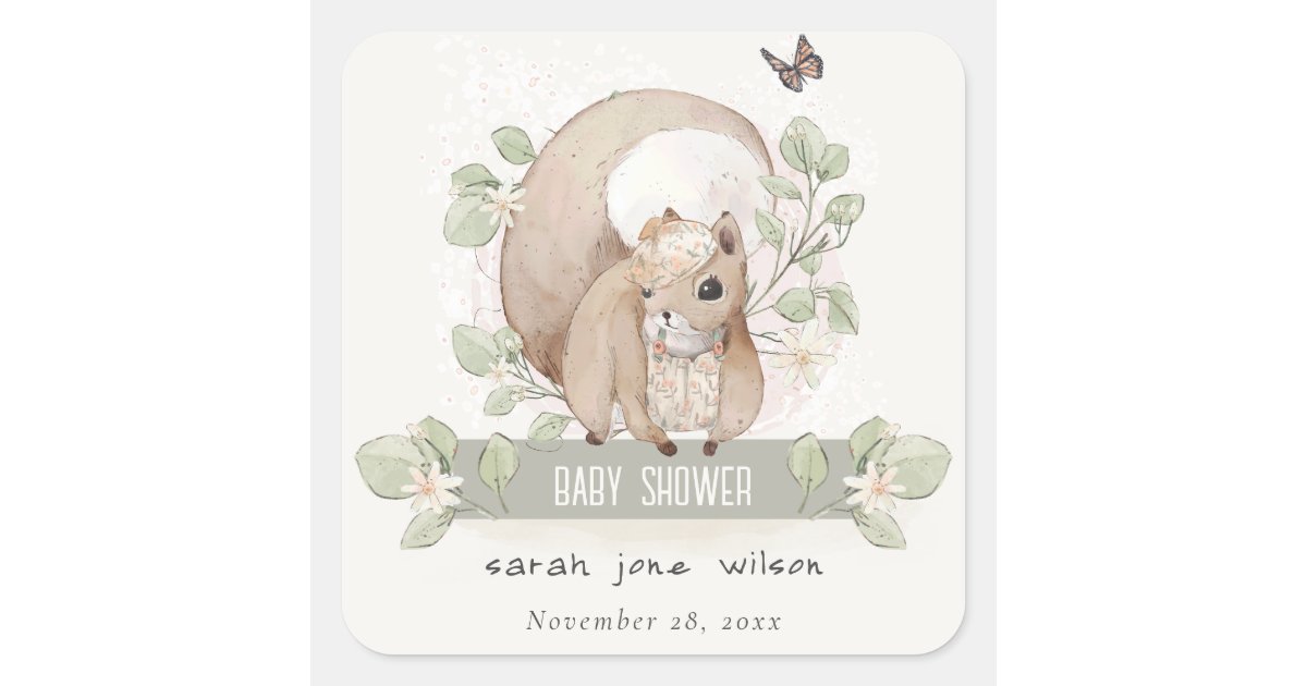 Cute Woodland Forest Floral Squirrel Baby Shower Square Sticker | Zazzle