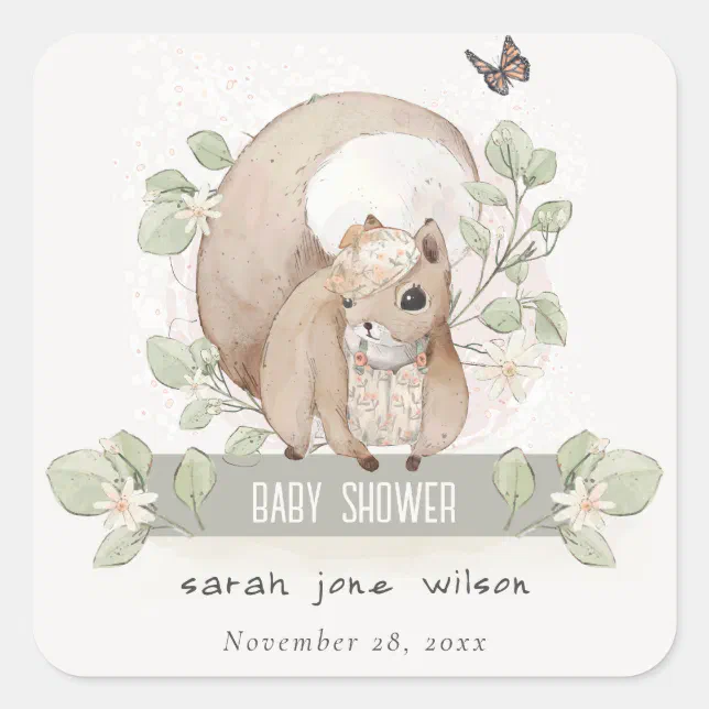 Cute Woodland Forest Floral Squirrel Baby Shower Square Sticker | Zazzle