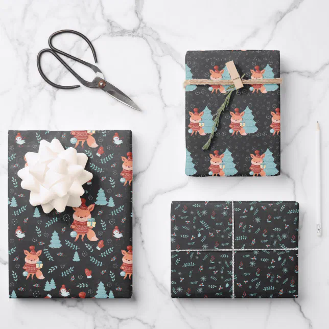 Cute Woodland Fox Black Christmas Wrapping Paper Sheets | Zazzle