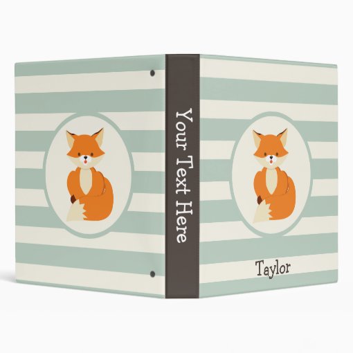 Cute Woodland Fox on Sage Green Stripes 3 Ring Binder | Zazzle