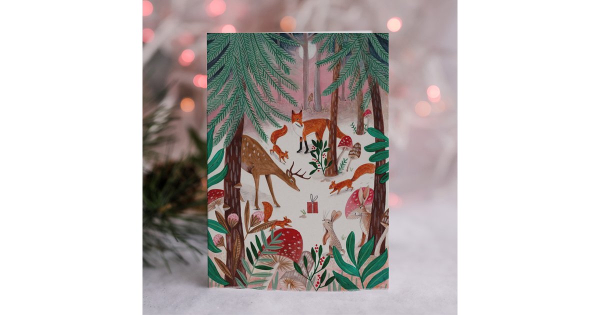 Cute Woodland green & pink woodland animals Forest Holiday Card | Zazzle