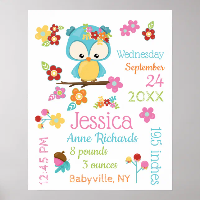 Cute Woodland Owl Baby Girl Birth Record Stats Poster | Zazzle