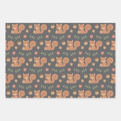 Cute Woodland Squirrel Acorn Autumn Leaves Pattern Wrapping Paper ...