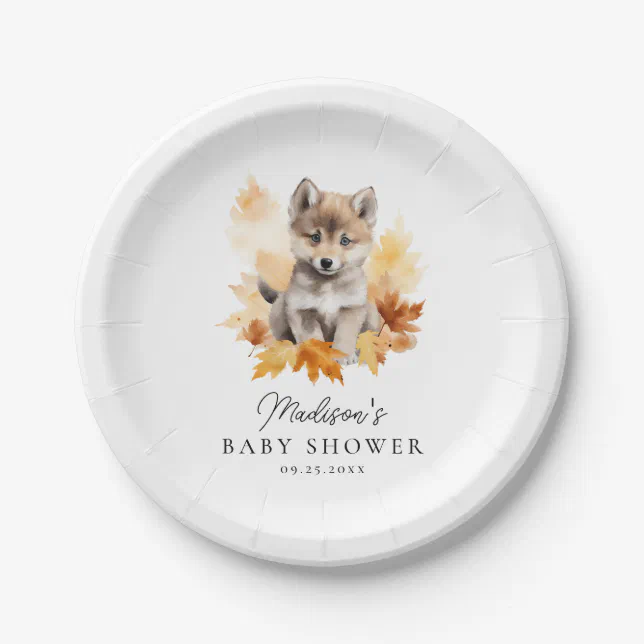 Cute Woodland Wolf Pup Fall Baby Shower Paper Plates | Zazzle