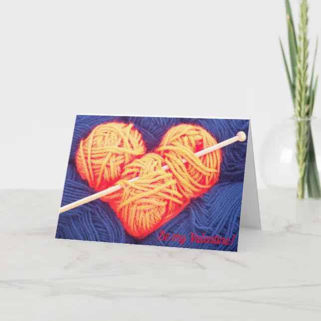 Cute wool heart knitting needle greeting card | Zazzle