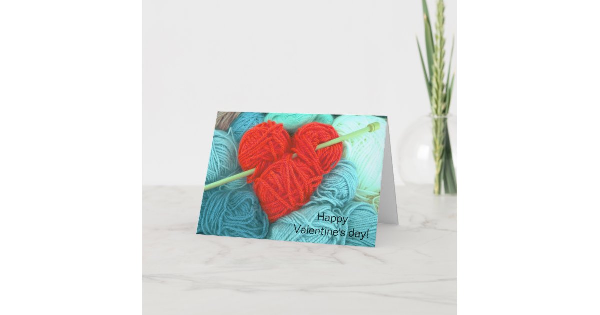Cute wool heart with knitting needle greeting card | Zazzle