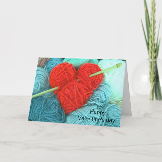 Cute wool heart with knitting needle greeting card | Zazzle
