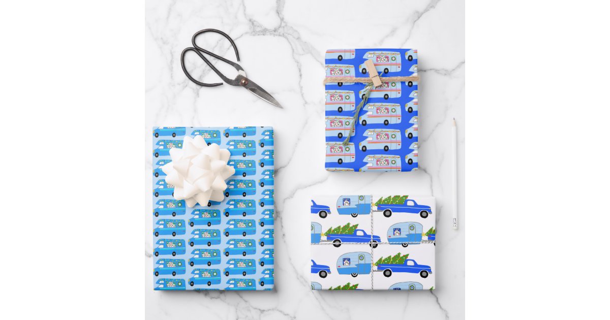 Cute Xmas Trailers RV Camper Colorful Holiday Blue Wrapping Paper ...