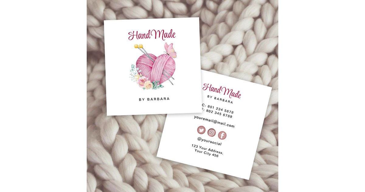 Cute Yarn Heart Knitting Needles Square Business Card | Zazzle