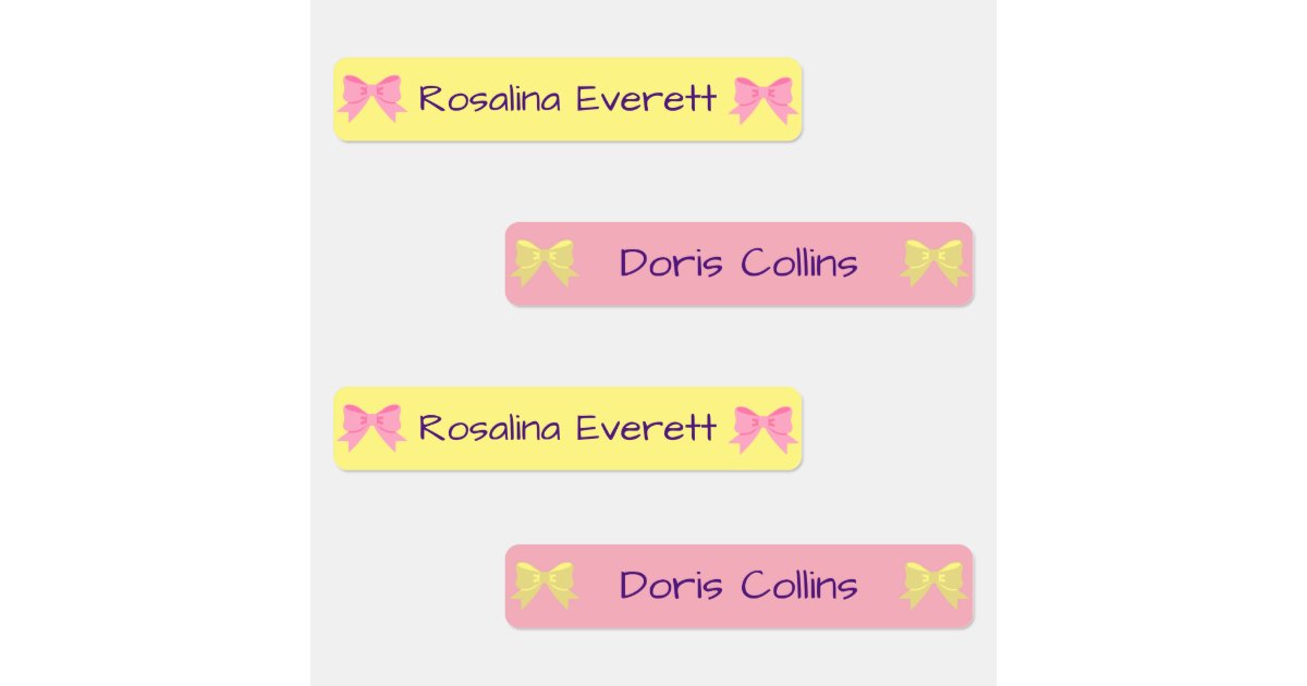 Cute Yellow and Pink Bows Girls Names Kids Labels | Zazzle