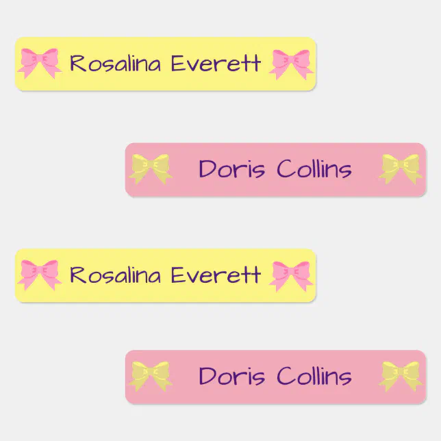 Cute Yellow and Pink Bows Girls Names Kids Labels | Zazzle
