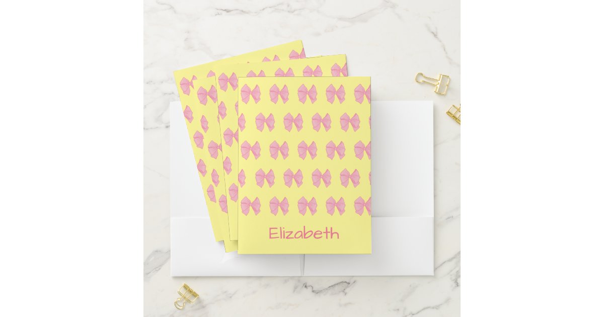Cute Yellow and Pink Bows Pattern Girl's Name Pocket Folder | Zazzle