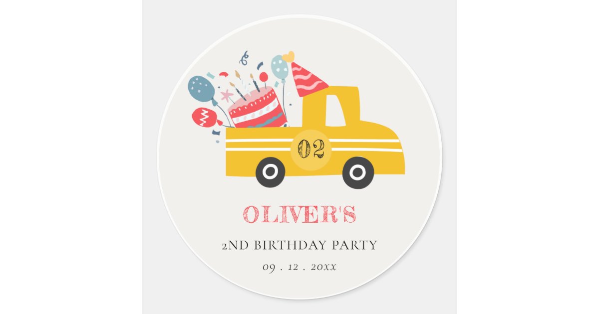 Cute Yellow Any Age Birthday Party Cake Truck Classic Round Sticker ...