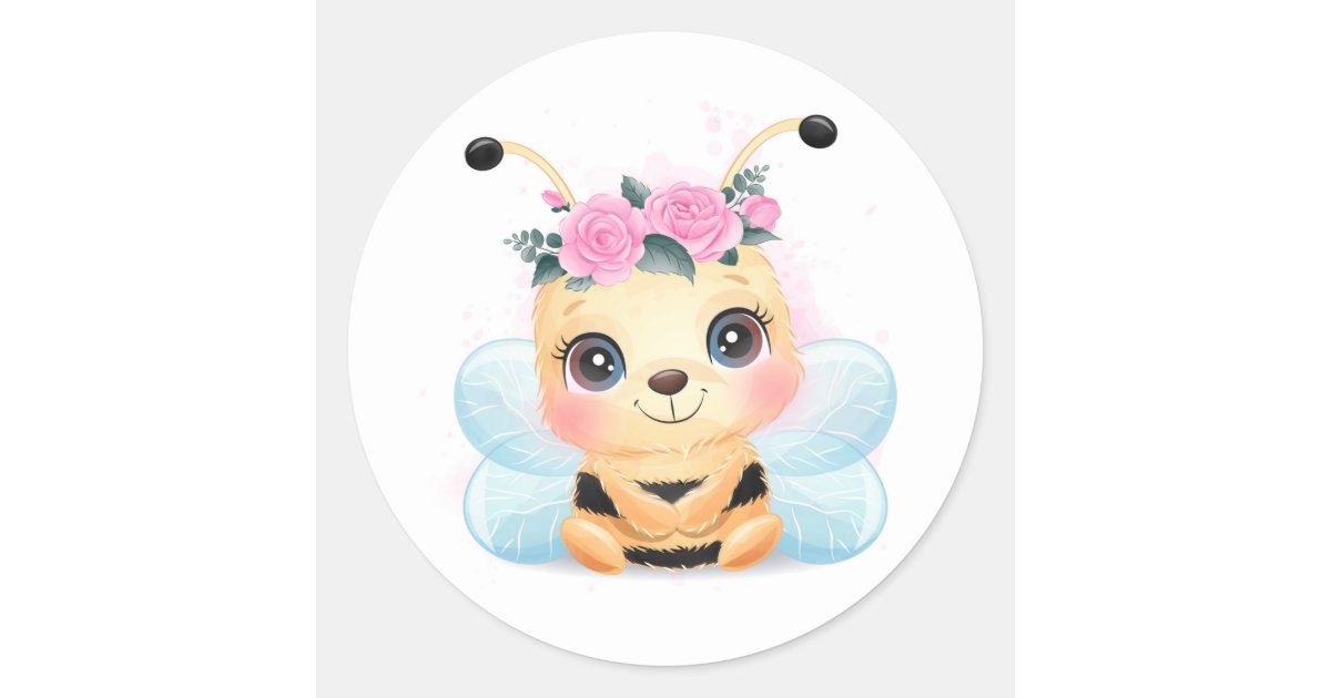 Cute Yellow Baby Bumble Bee Pink Roses Classic Round Sticker | Zazzle