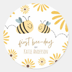 Cute Yellow Bee and Sunflower First Bee-day Classic Round Sticker | Zazzle