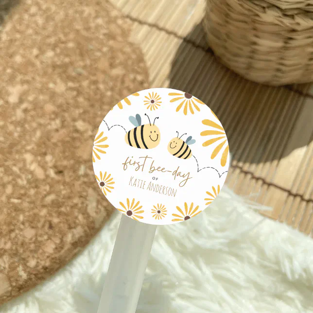 Cute Yellow Bee and Sunflower First Bee-day Classic Round Sticker | Zazzle