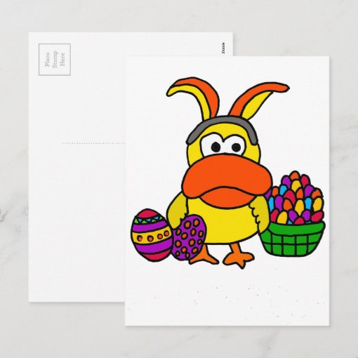 Cute Yellow Duck with Easter Bunny Ears and Basket Holiday Postcard ...