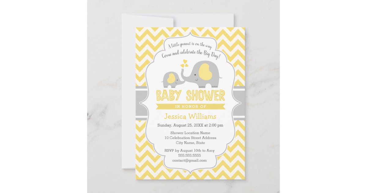 Cute Yellow Gray Elephant Neutral Baby Shower Invitation | Zazzle