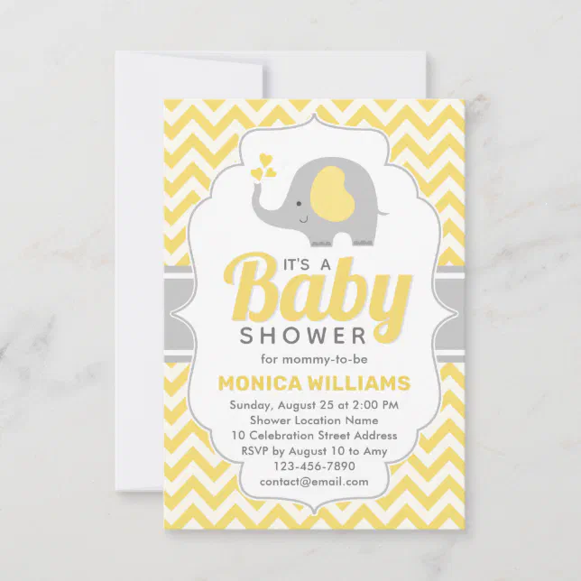 Cute Yellow Gray Elephant Neutral Baby Shower Invitation | Zazzle