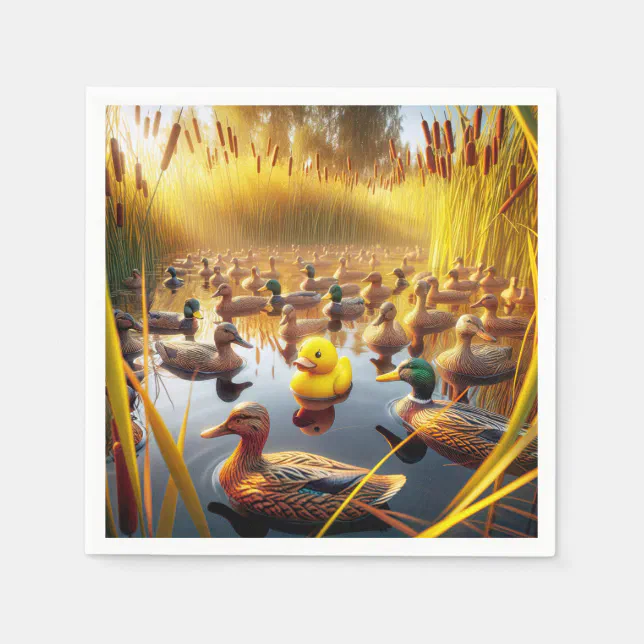 Cute Yellow Rubber Duck With Hunting Decoys Napkins | Zazzle