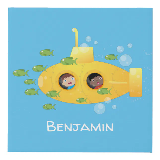 Cute yellow submarine fish cartoon illustration faux canvas print | Zazzle