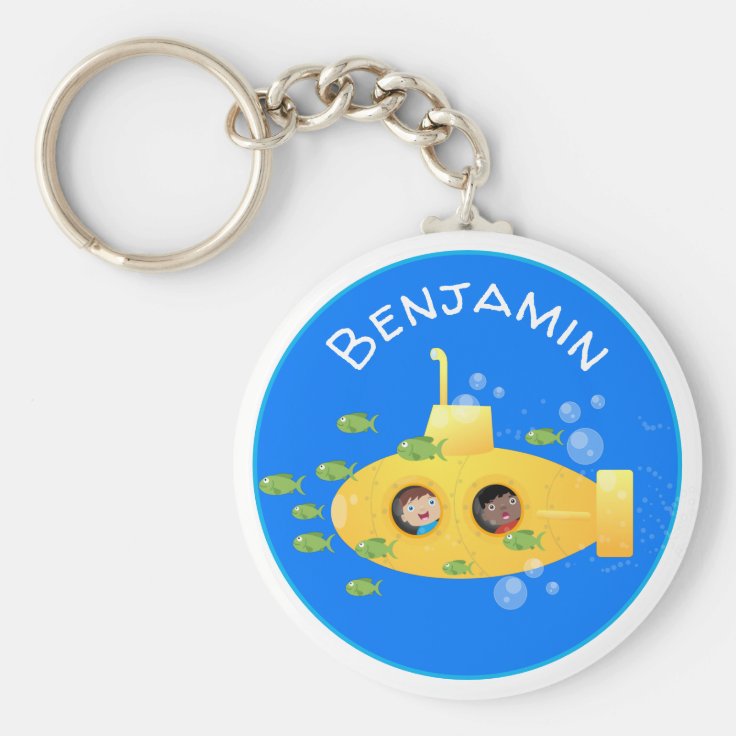 Cute yellow submarine fish cartoon illustration keychain | Zazzle