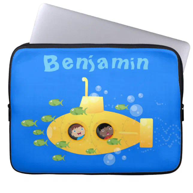 Cute yellow submarine fish cartoon illustration laptop sleeve | Zazzle