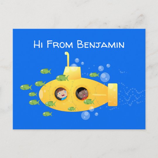 Cute yellow submarine fish cartoon illustration postcard | Zazzle.com