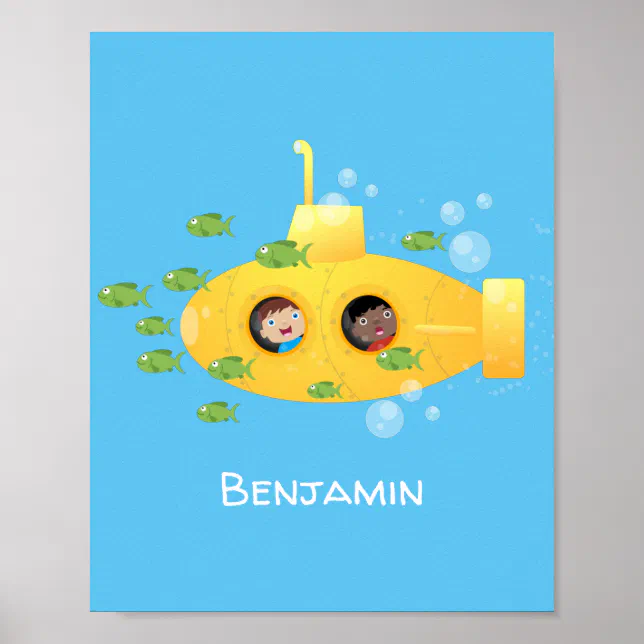 Cute yellow submarine fish cartoon illustration poster | Zazzle