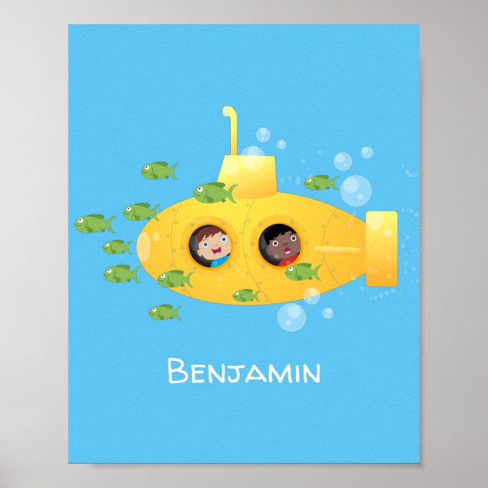 Cute yellow submarine fish cartoon illustration poster | Zazzle.com
